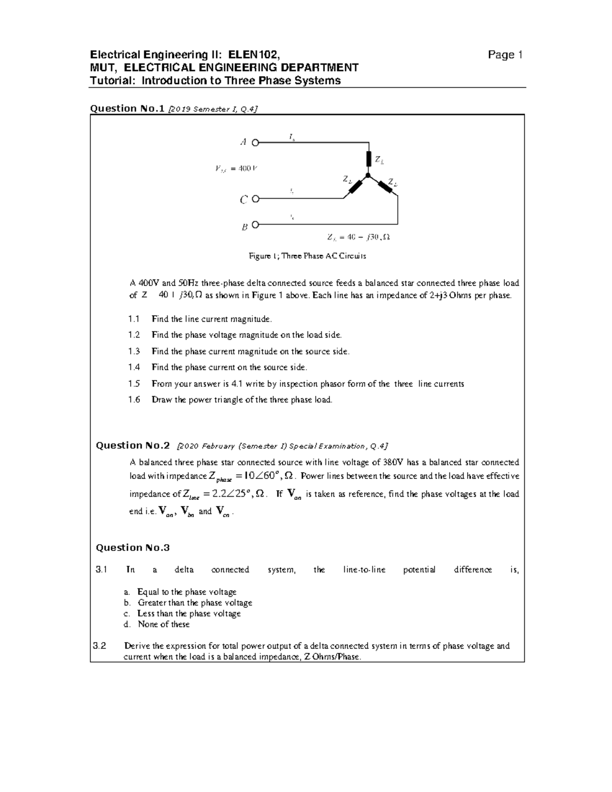 ENG II Tutorial Introduction TO Three Phasei 2020AY Semester II ...