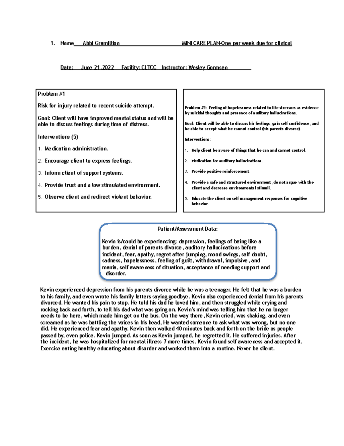 Name MINI CARE PLAN - notes - Name Abbi Gremillion MINI CARE PLAN-One ...