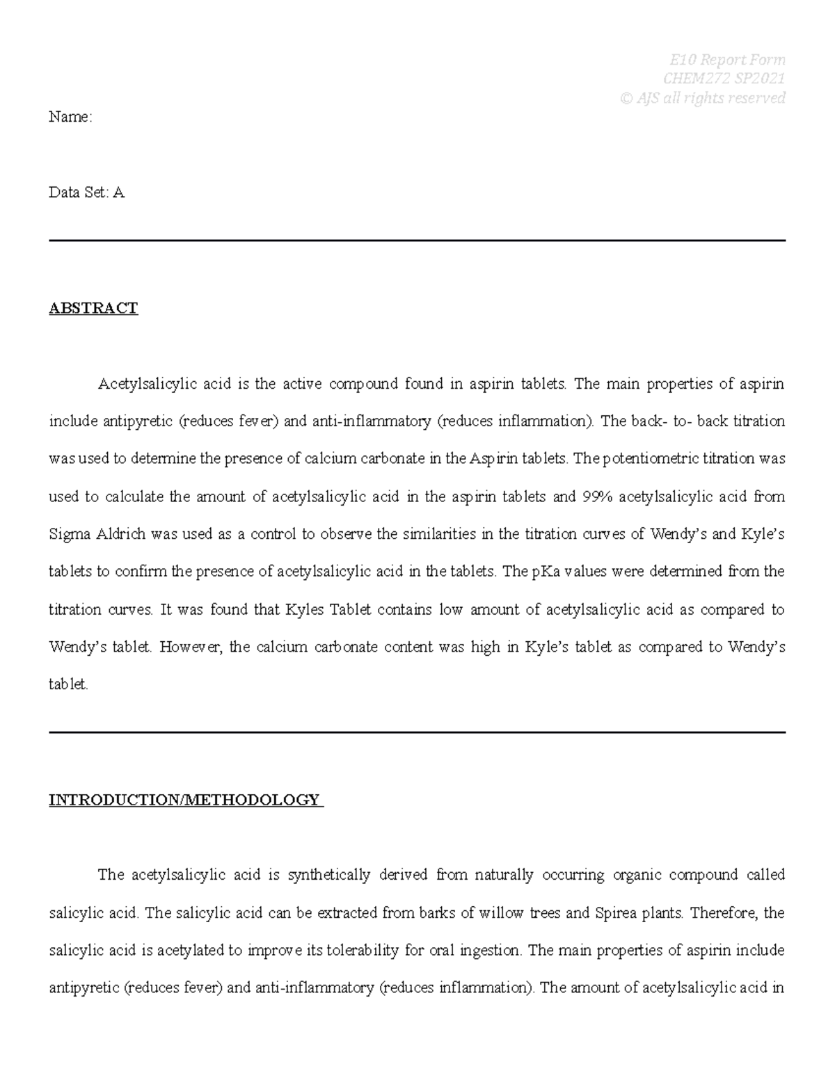 Analysis of Aspirin - E10 Report Form CHEM272 SP © AJS all rights ...