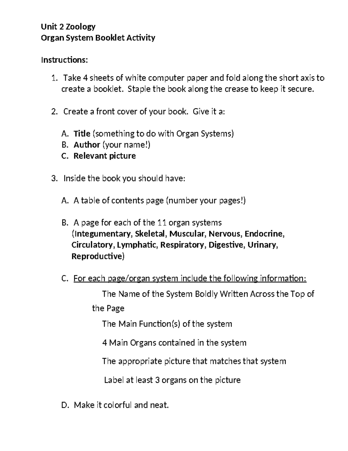 Organ Systems Booklet Instructions - Unit 2 Zoology Organ System ...