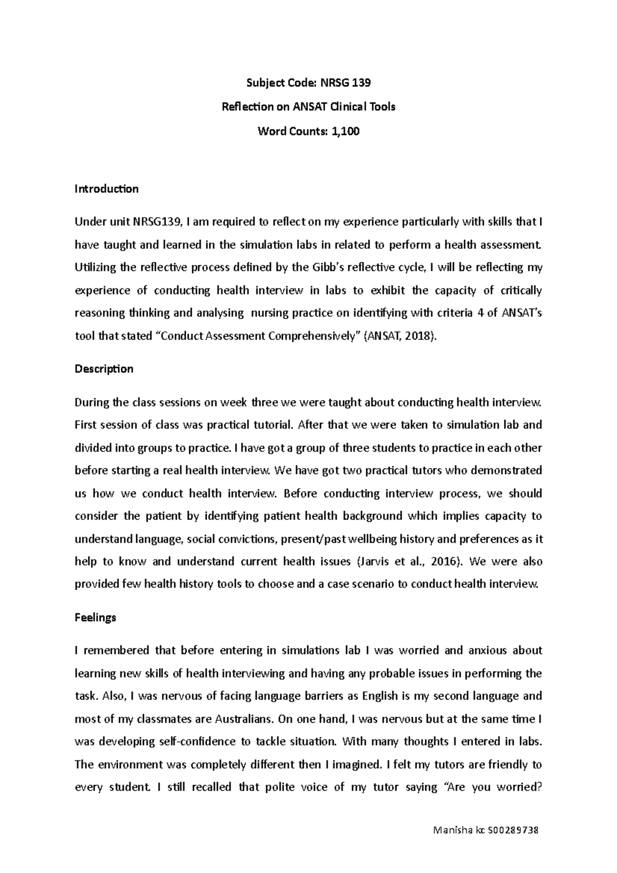 Reflection - Subject Code: NRSG 139 Reflection on ANSAT Clinical Tools ...