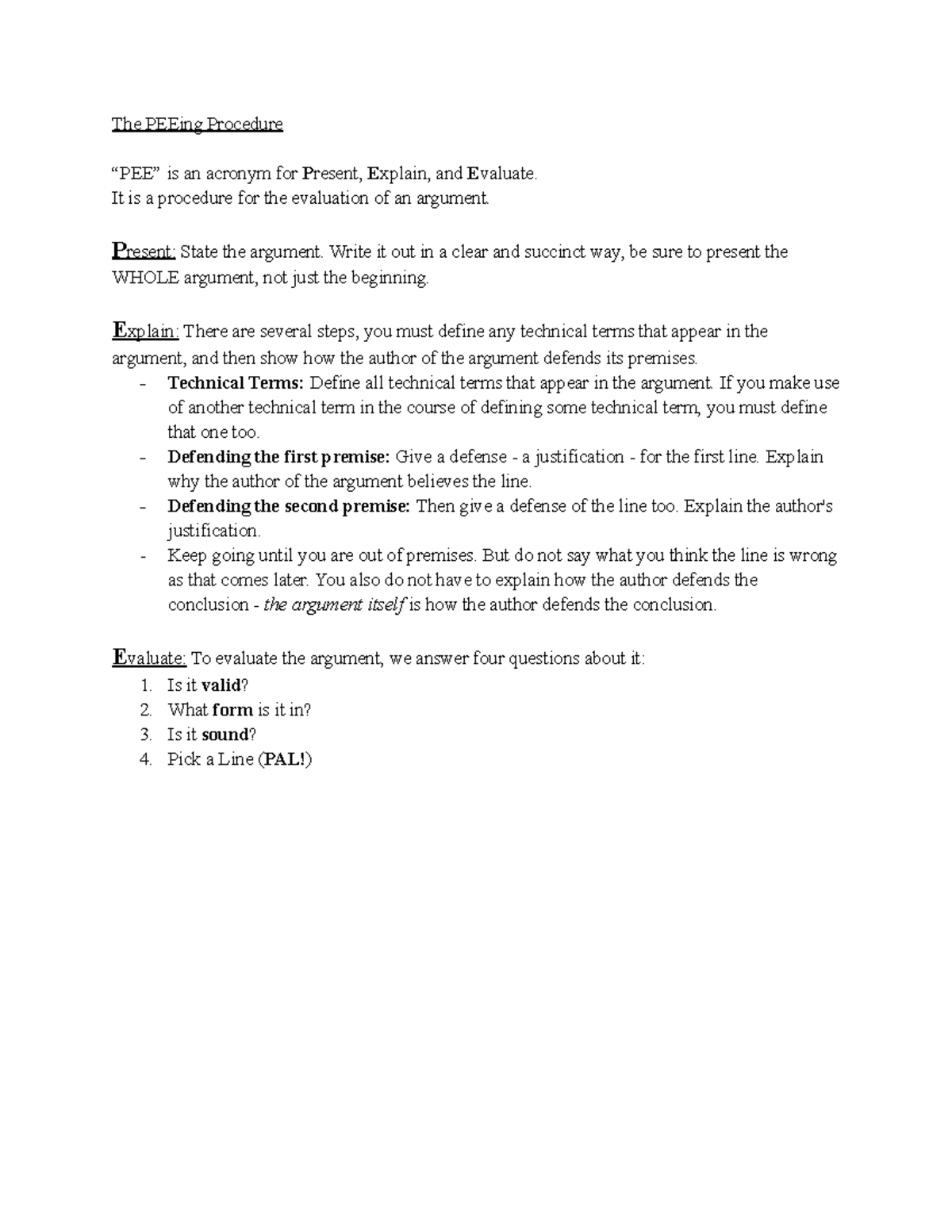 PHIL 1145G- P.E.E. procedure - The PEEing Procedure “PEE” is an acronym ...