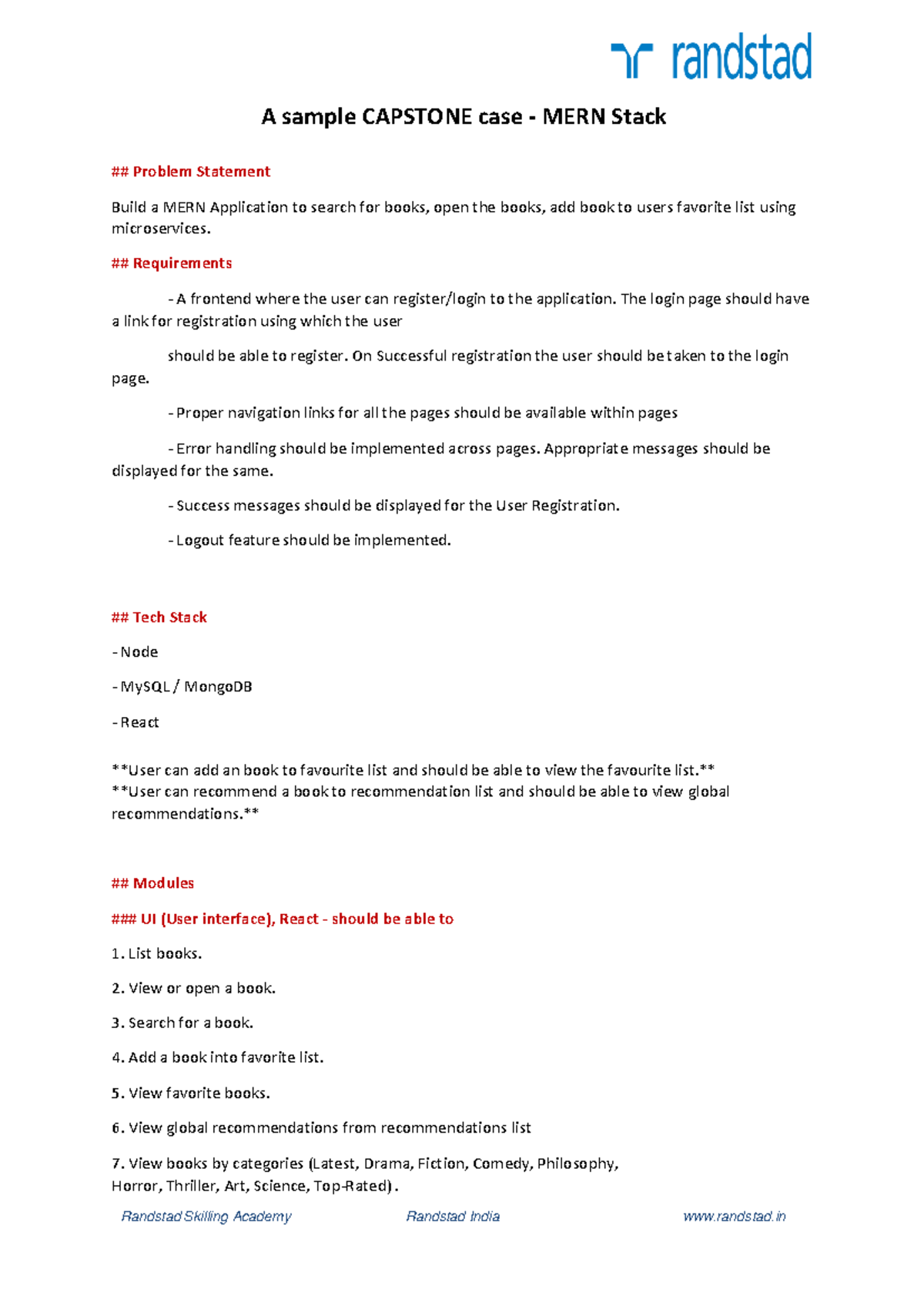 Capstone CASE - MERN Stack - Randstad Skilling Academy Randstad India ...