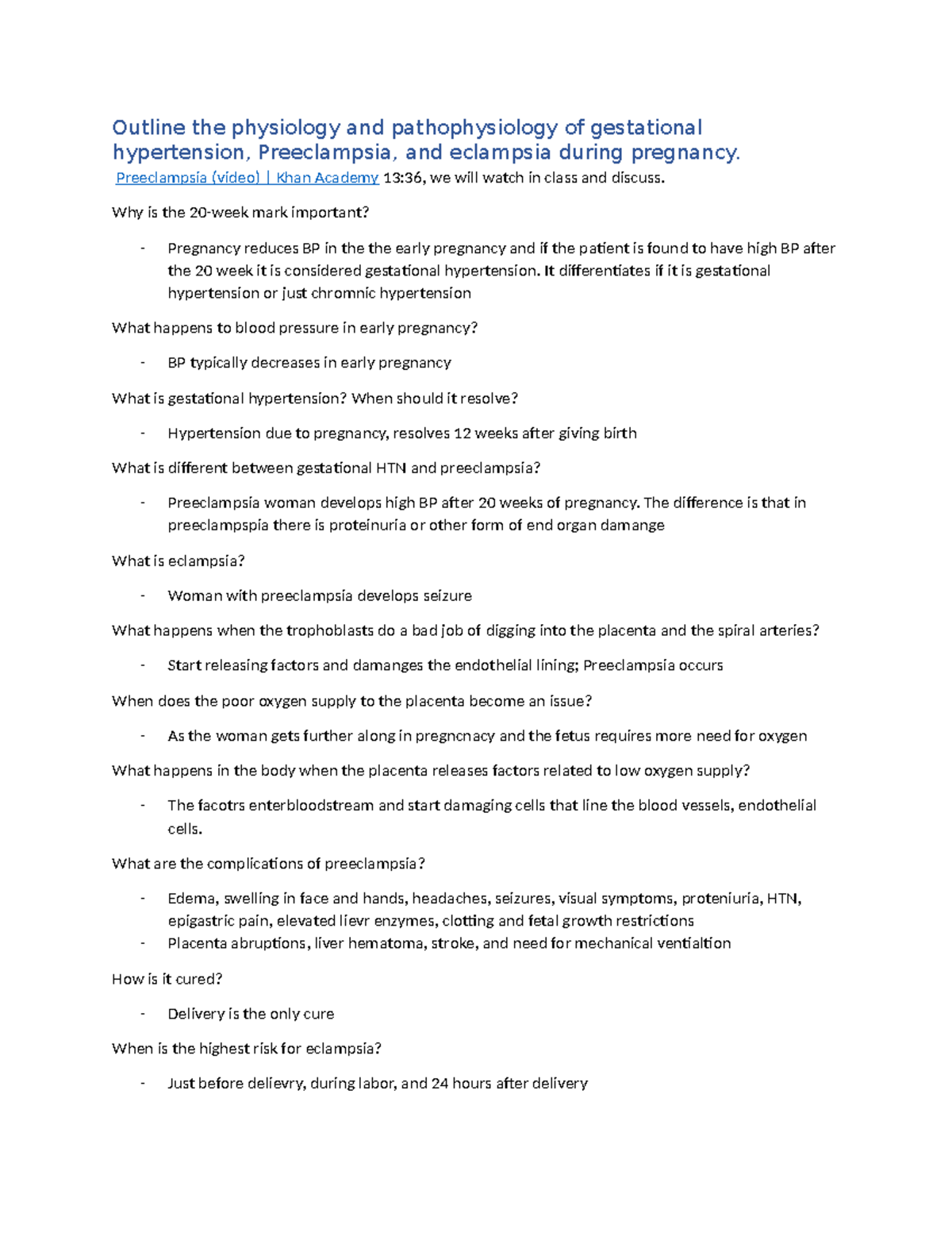 Hypertension and Preganancy Worksheet-1 - Outline the physiology and ...