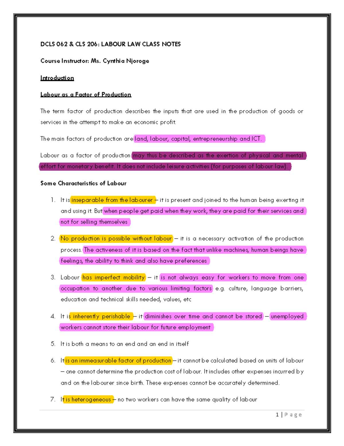 Labour law 2.1 - DCLS 062 & CLS 206: LABOUR LAW CLASS NOTES Course ...