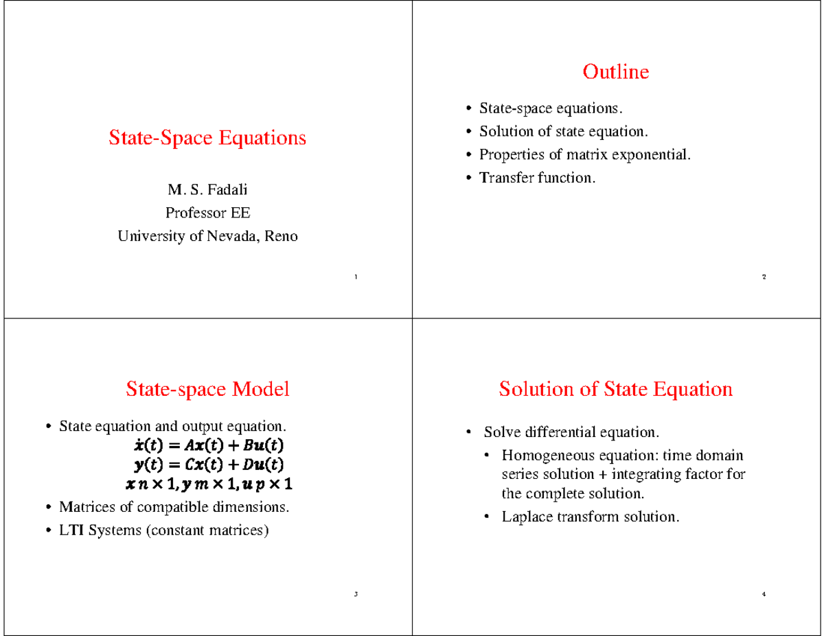 State Equations - Outline Equations M. S. Fadali Professor EE ...
