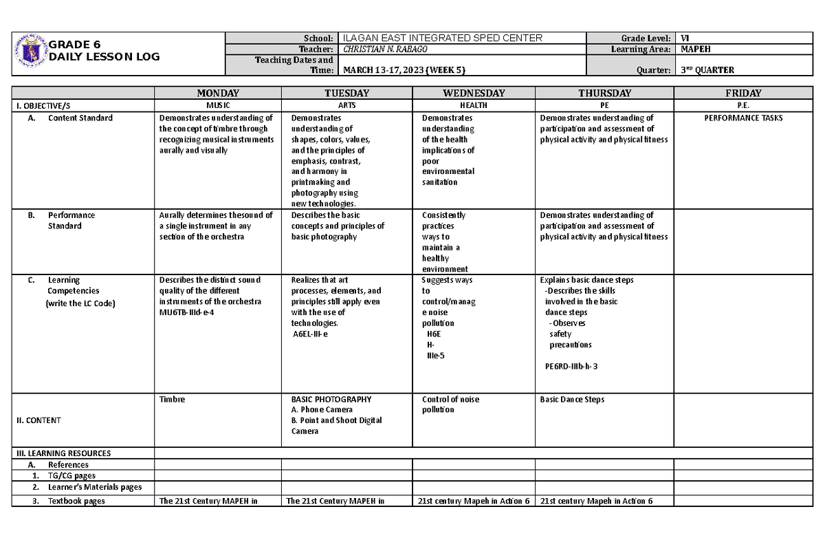 DLL Mapeh 6 Q3 W5 - daily lesson log - GRADE 6 DAILY LESSON LOG School ...