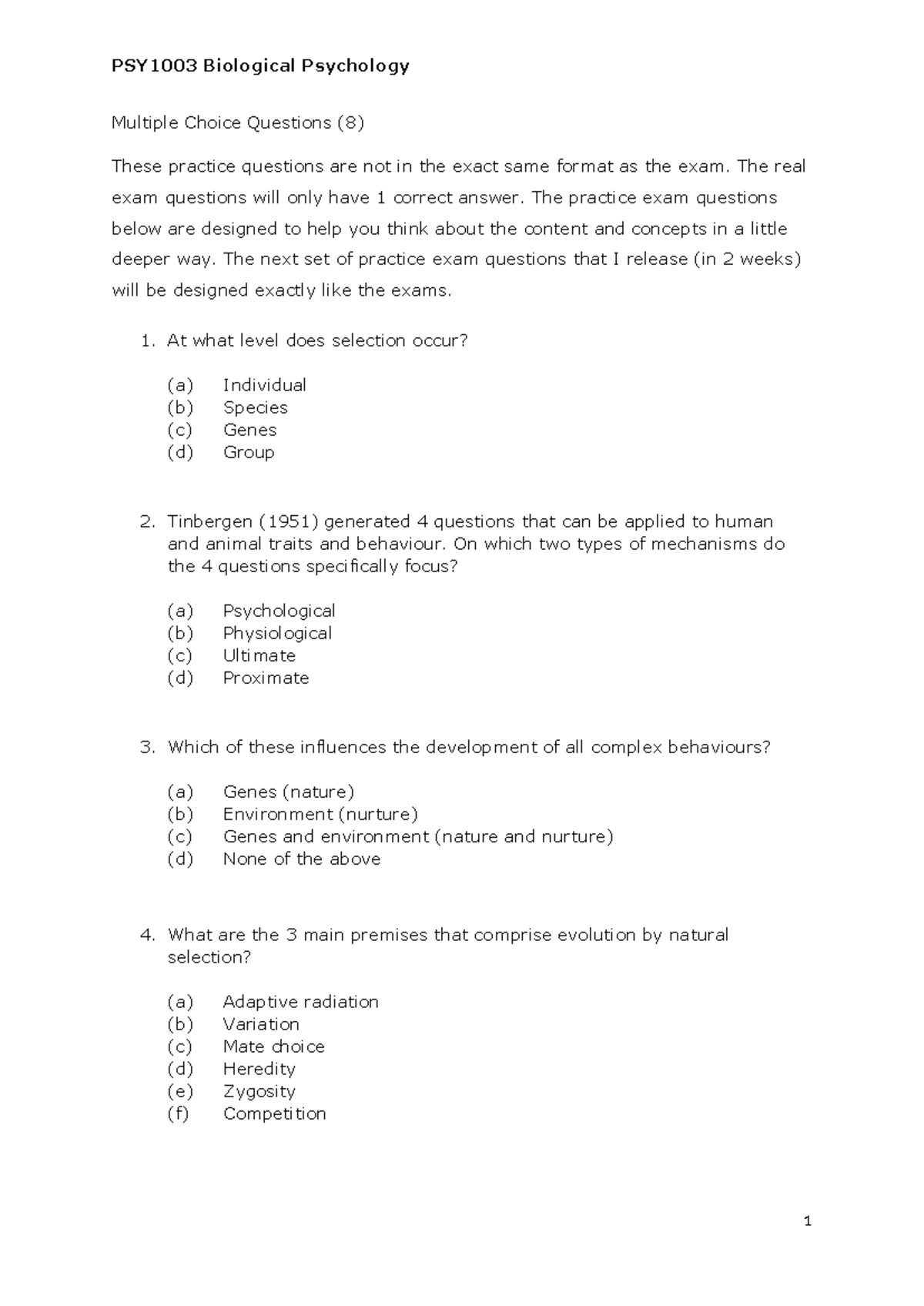 PSY1003 Bio Psych MCQs (part 1) - PSY1003 Biological Psychology ...