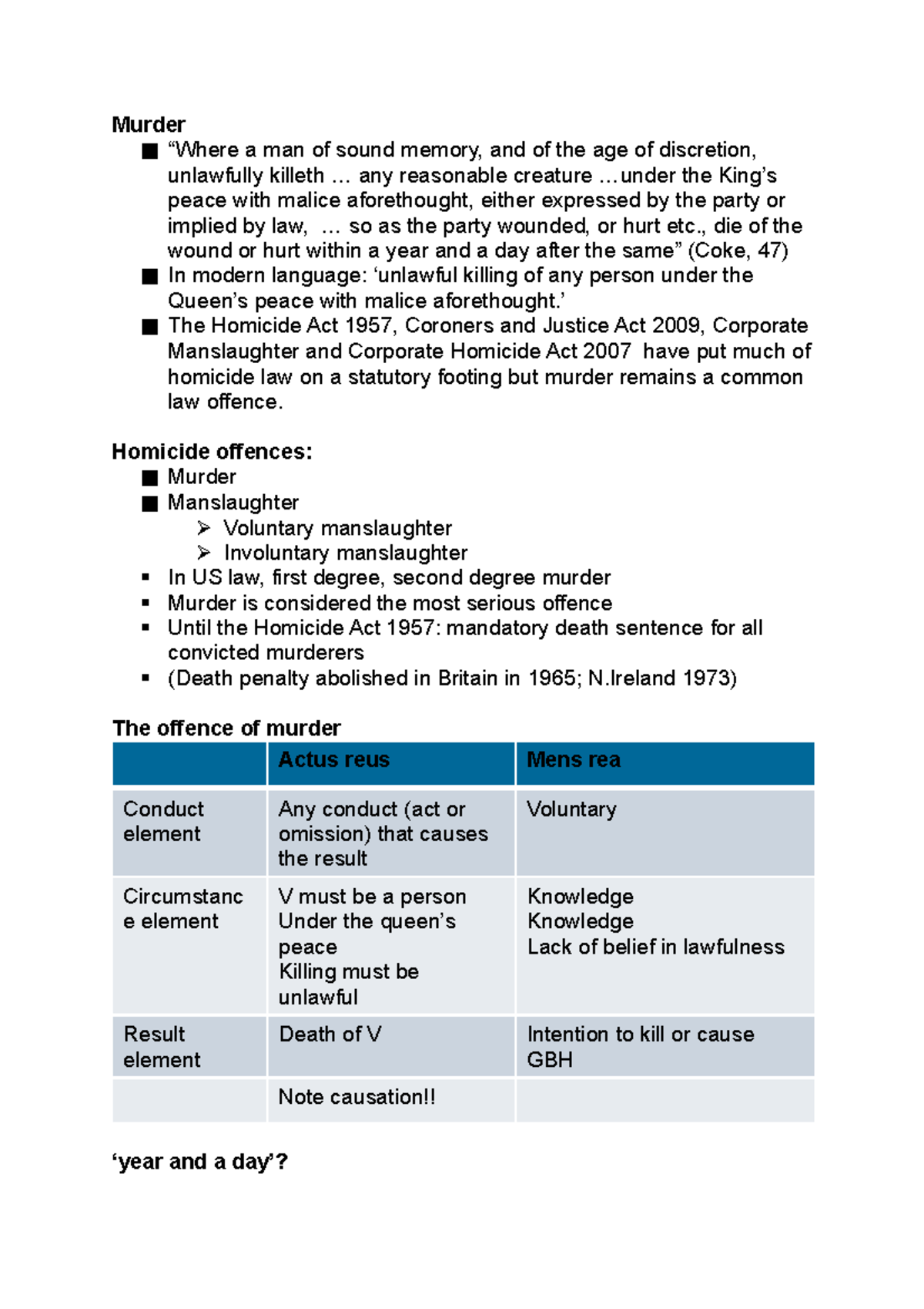 Murder- Lecture 4 - Murder “Where a man of sound memory, and of the age ...