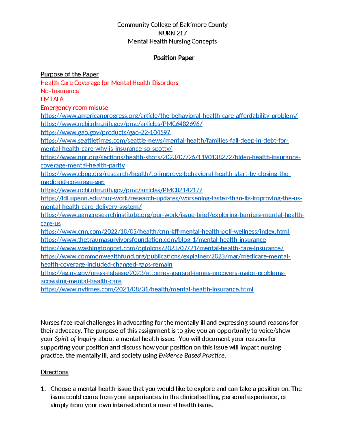 Position Paper SP 24 NRN 217 - Community College of Baltimore County ...