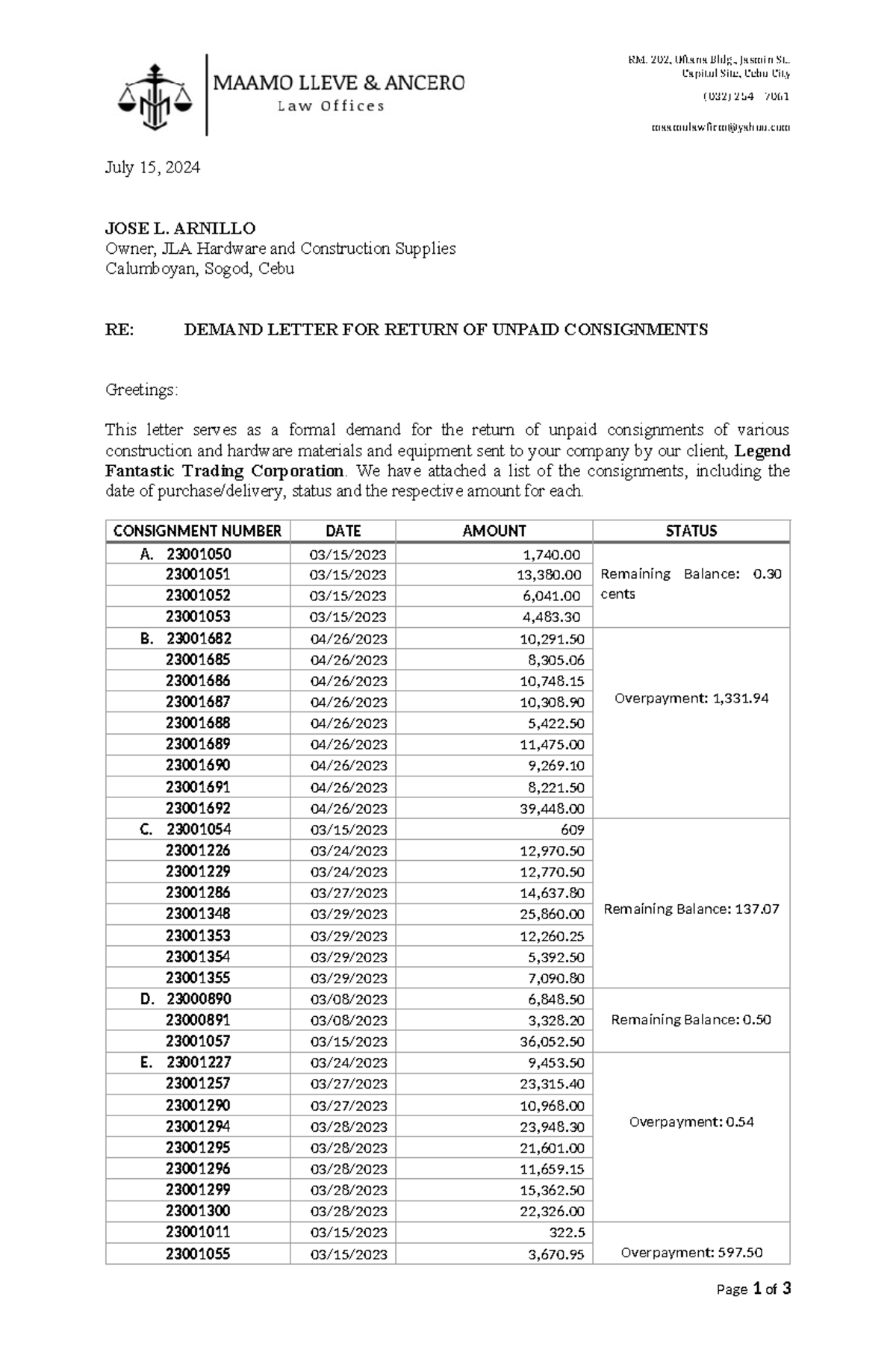 Sample Letter of Demand to Return Purchased Goods - RM. 202 , Oftana ...