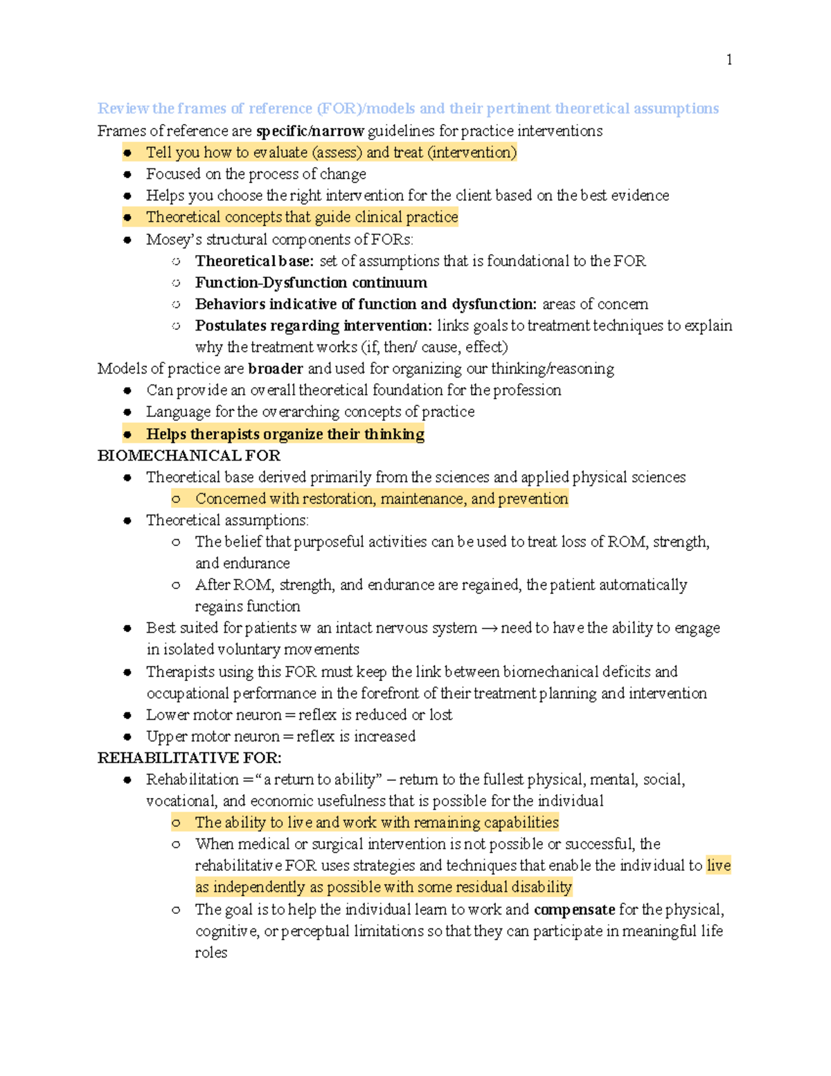Final Study Guide - Review the frames of reference (FOR)/models and ...
