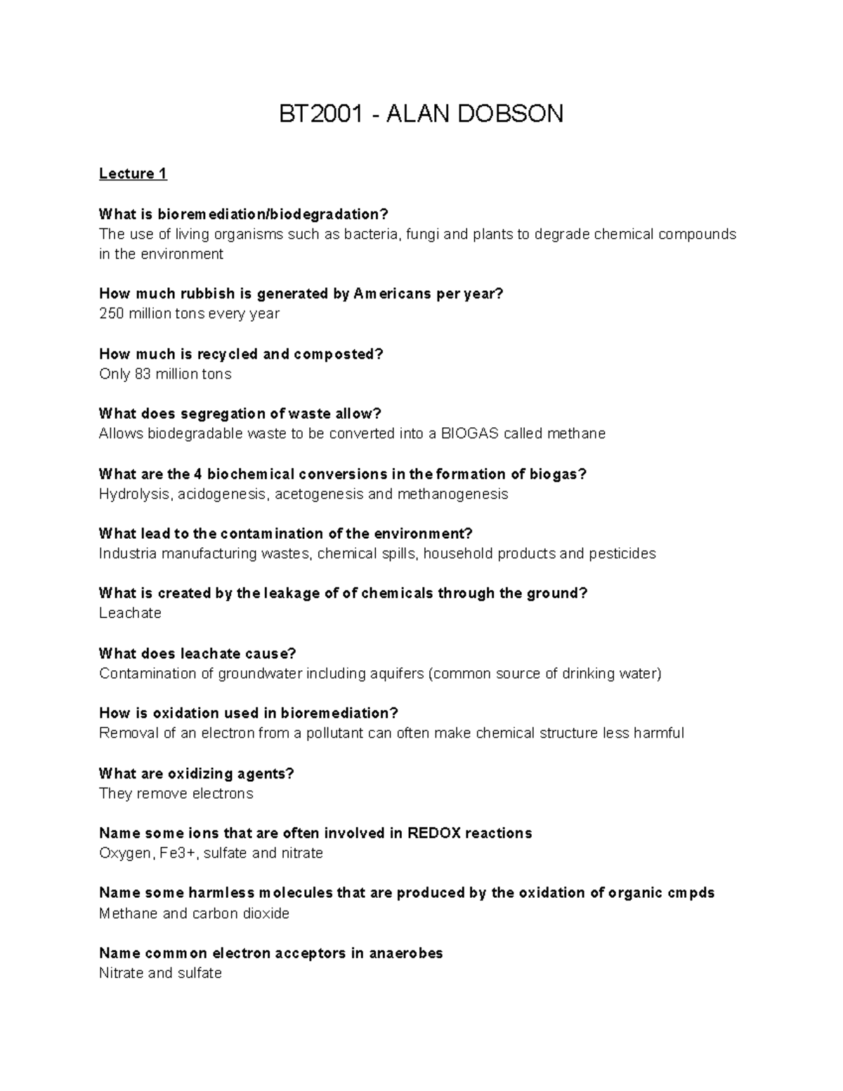 BT2001 - ALAN Dobson - Summary Introduction to Biotechnology - BT2001 ...