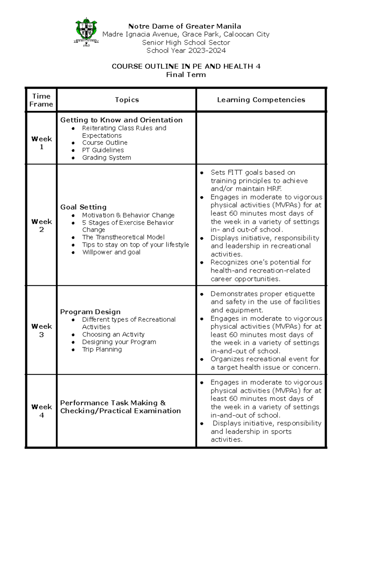 (Final term) Course Outline PEH 4 SY 2023-2024 - Notre Dame of Greater ...