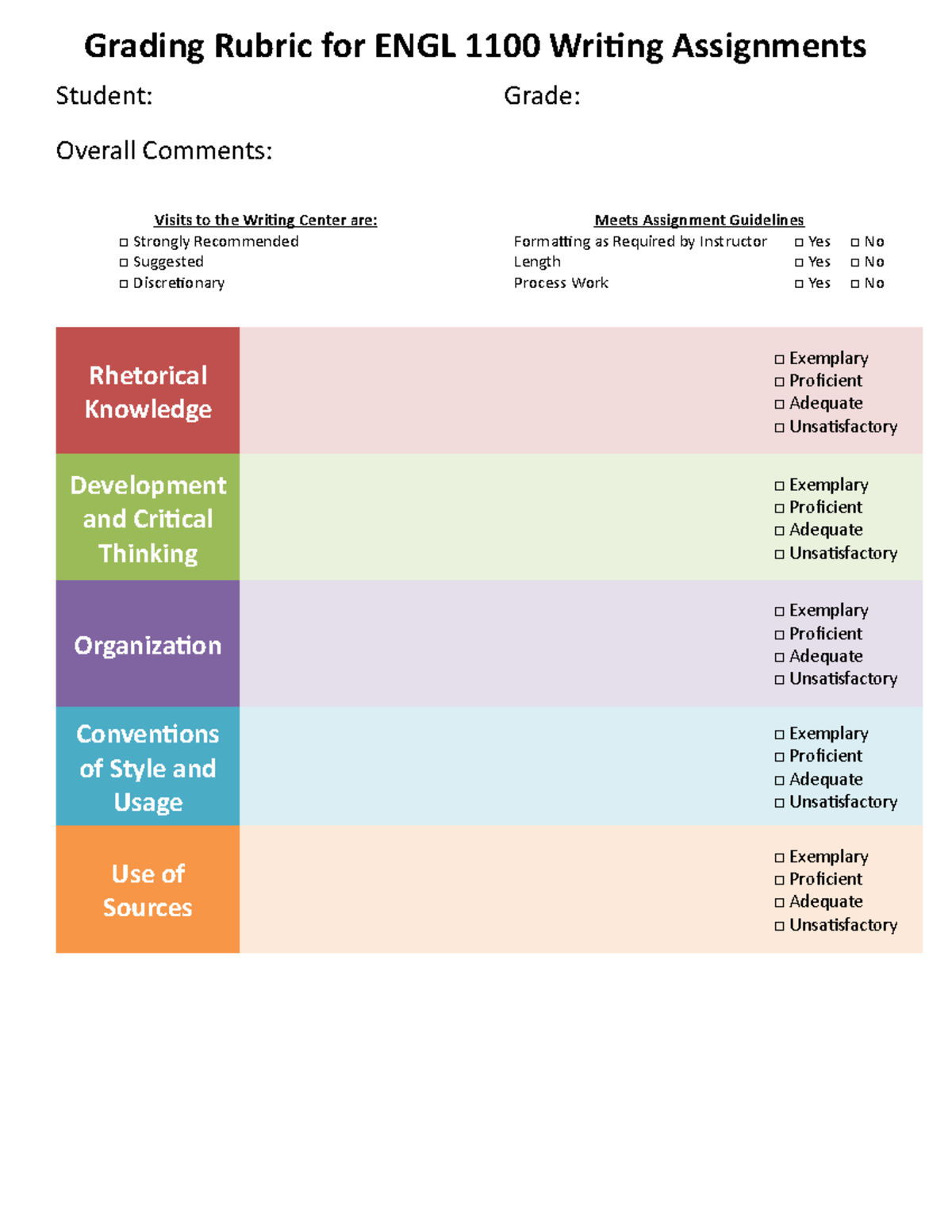 Rubric Color Attachment - ENGL1100 - CSCC - Studocu