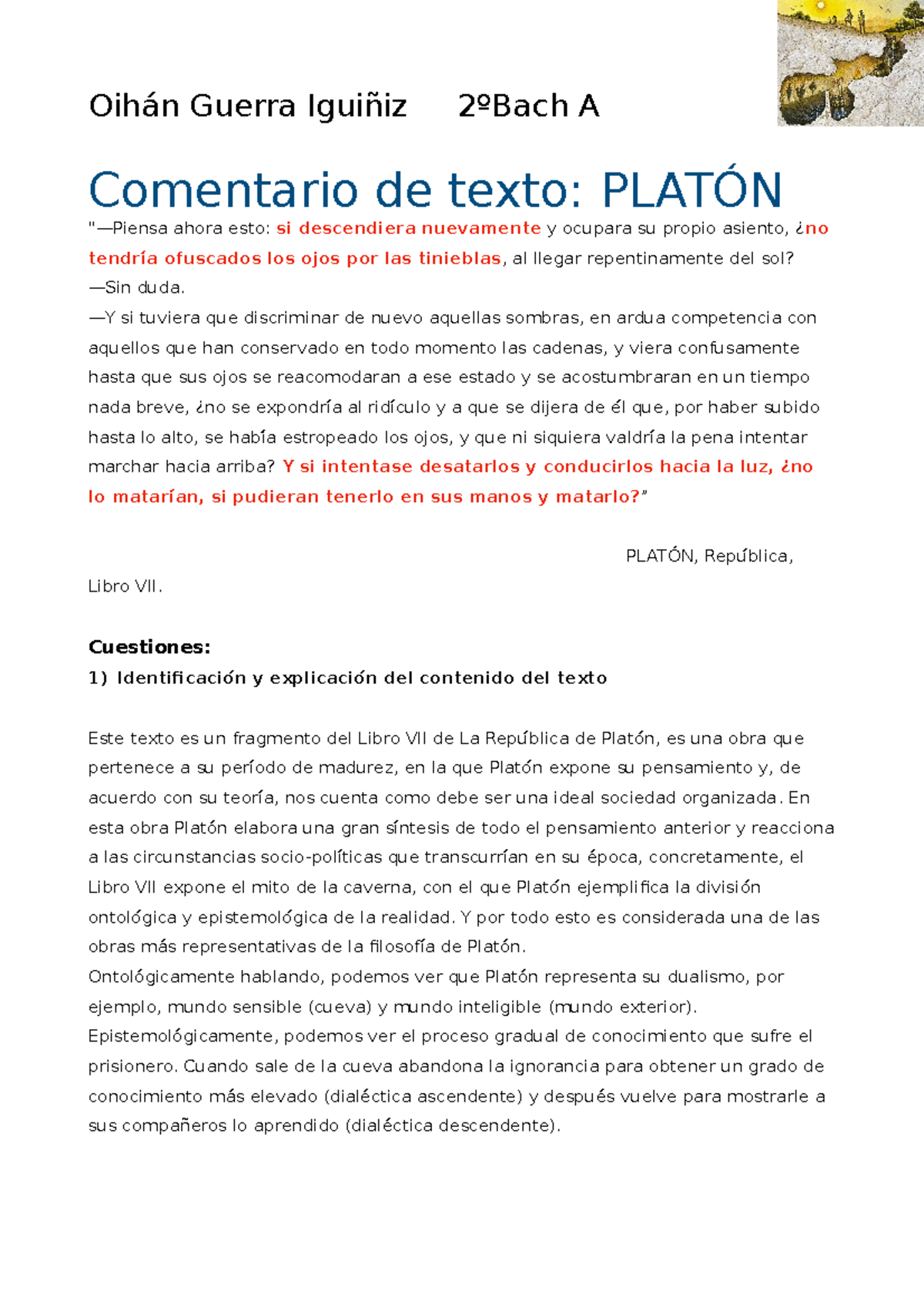 Comentario Platón - No se que decir - Oihán Guerra Iguiñiz 2ºBach A ...