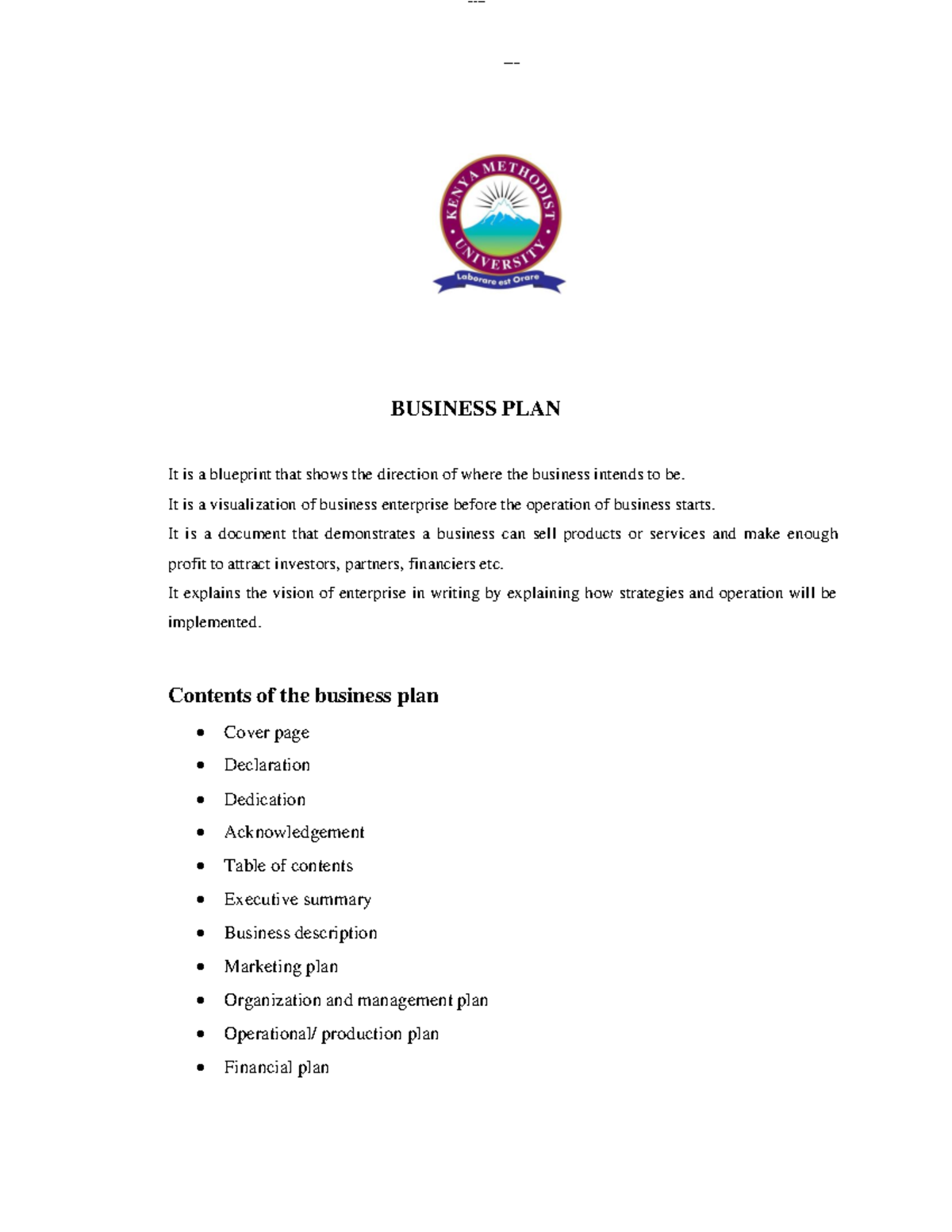 Business-plan format - buss 221 - lOMoAR cPSD| 4748030 BUSINESS PLAN It is a blueprint that ...