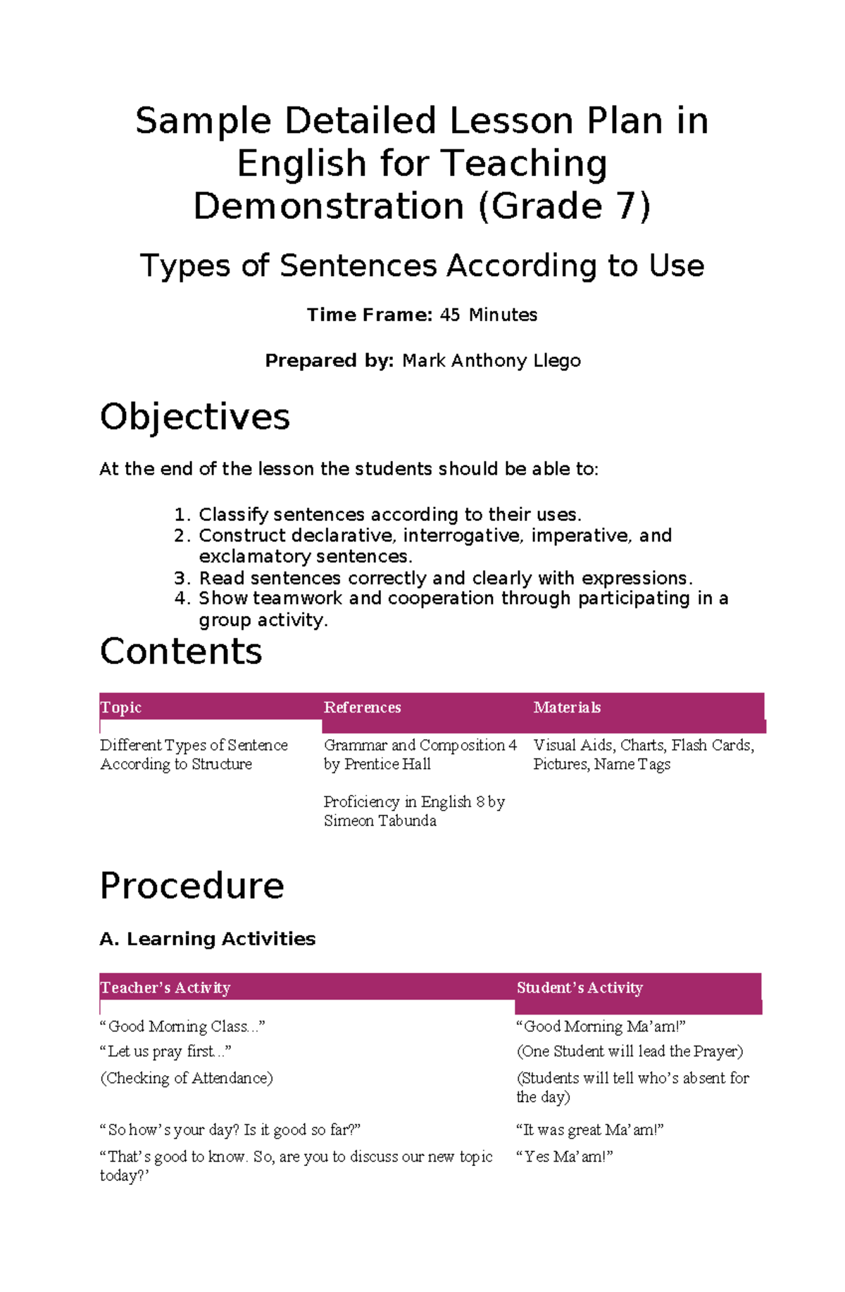 Detailed Lesson Plan - Classify sentences according to their uses. 2 ...
