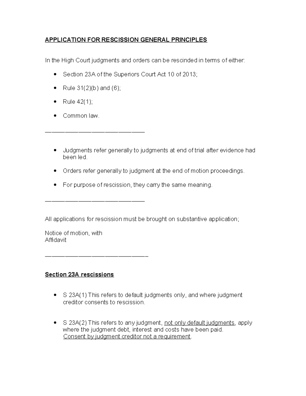 Rescission - APPLICATION FOR RESCISSION GENERAL PRINCIPLES In the High ...