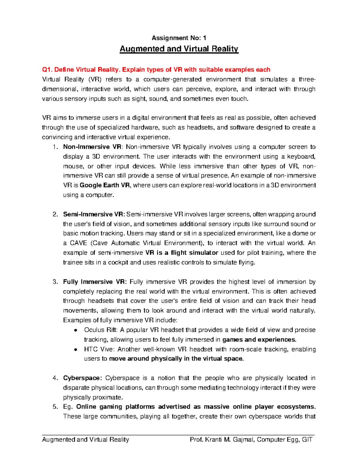 AVR Assignment No. 1 Sample Answers - - Studocu