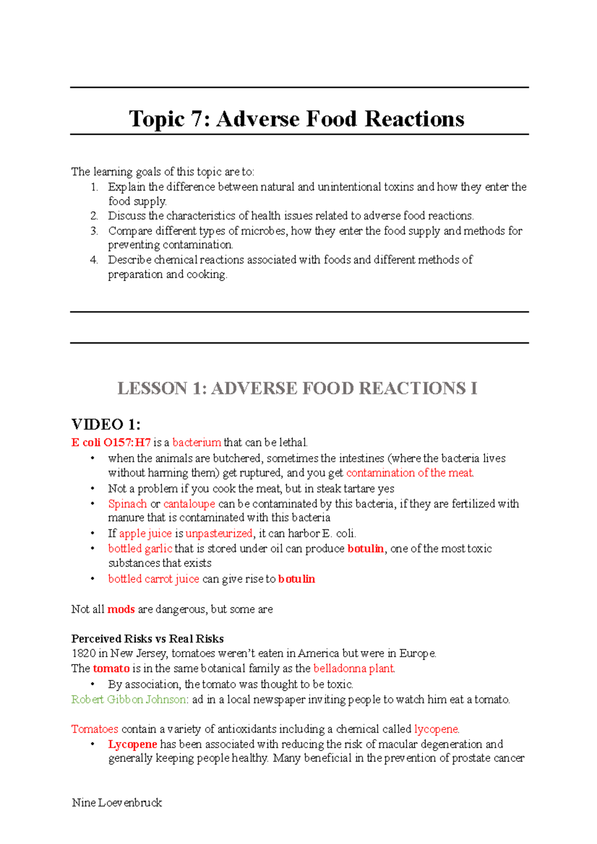 Topic 7 chem 181 notes - Topic 7: Adverse Food Reactions The learning ...