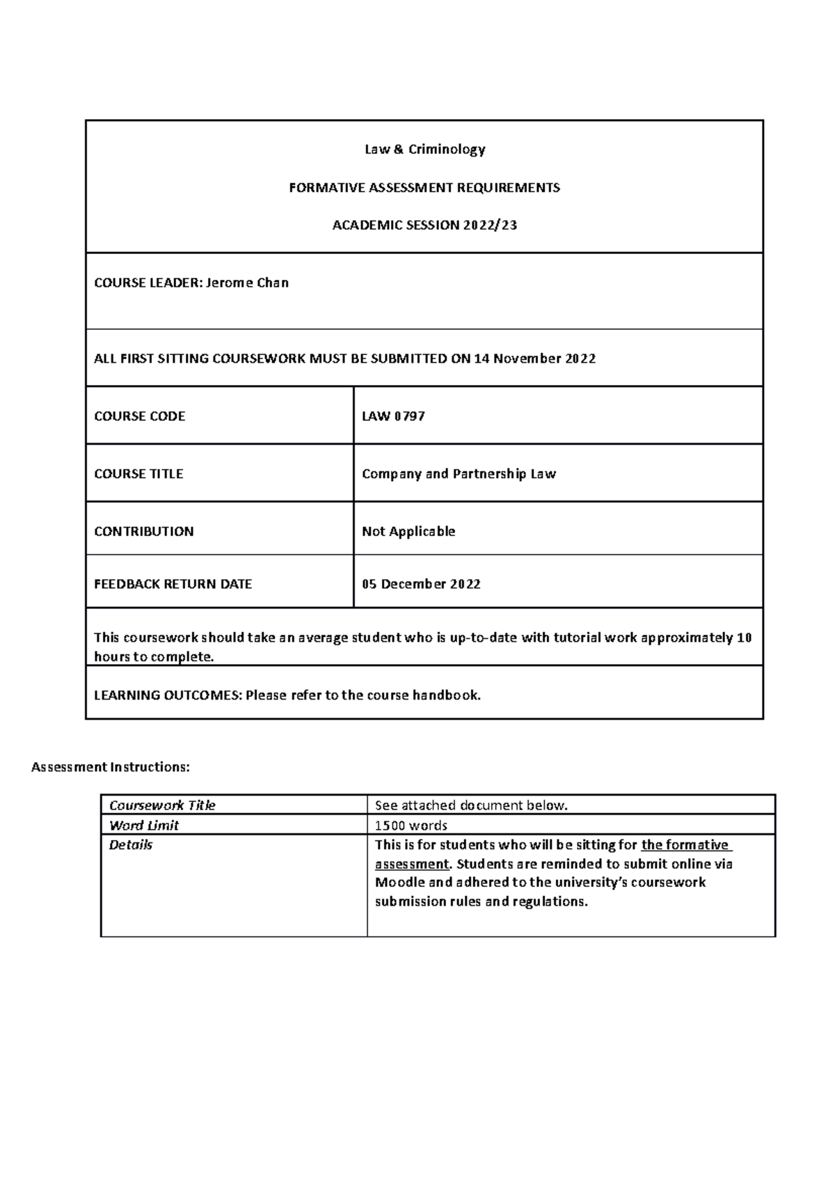 LAW0797 Formative Assessment 2022-23 - Law & Criminology FORMATIVE ...