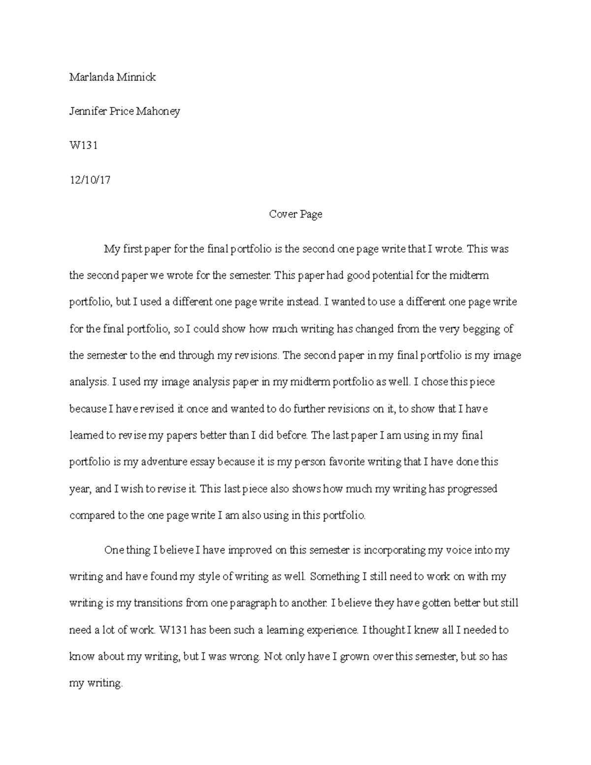 Cover Letter Grade A Marlanda Minnick Jennifer Price Mahoney W 12