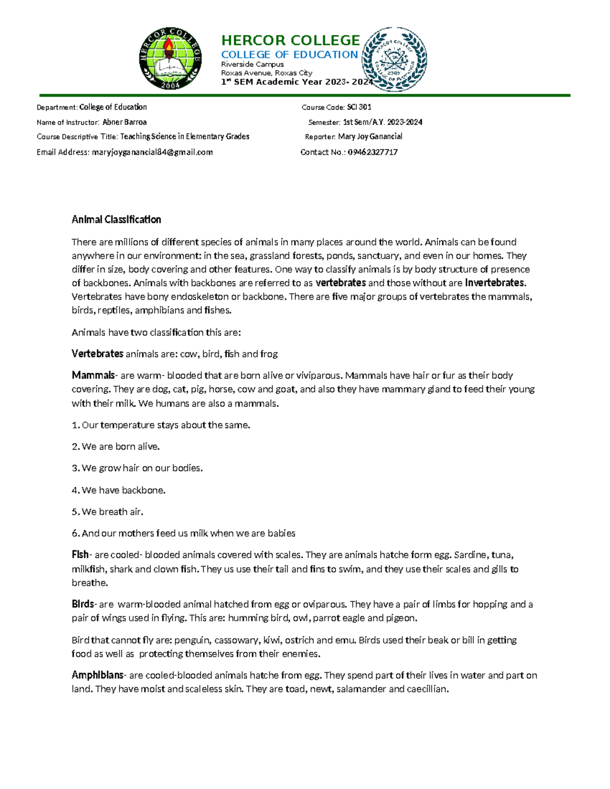 SCI301 - Lecture notes - Animal Classification There are millions of ...