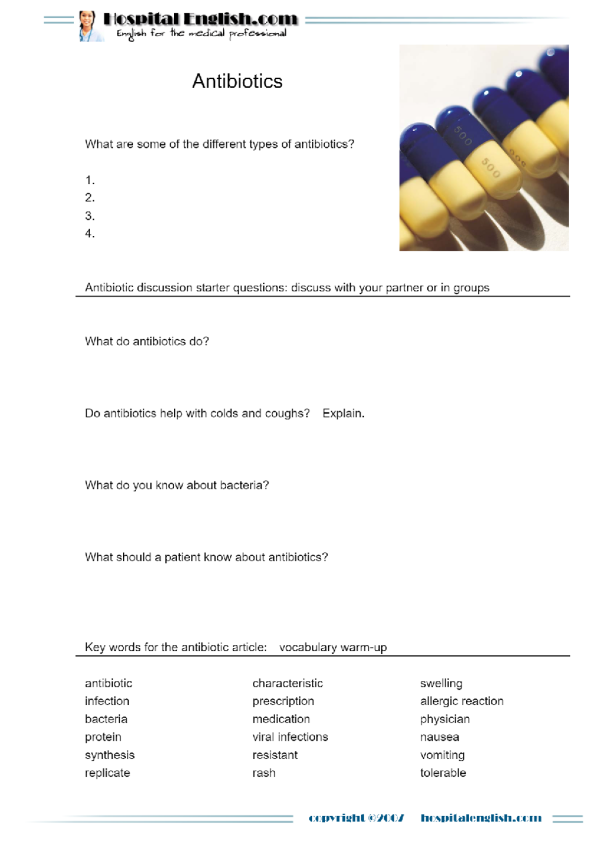 Antibiotics Worksheet - Hospital English English for the medical ...