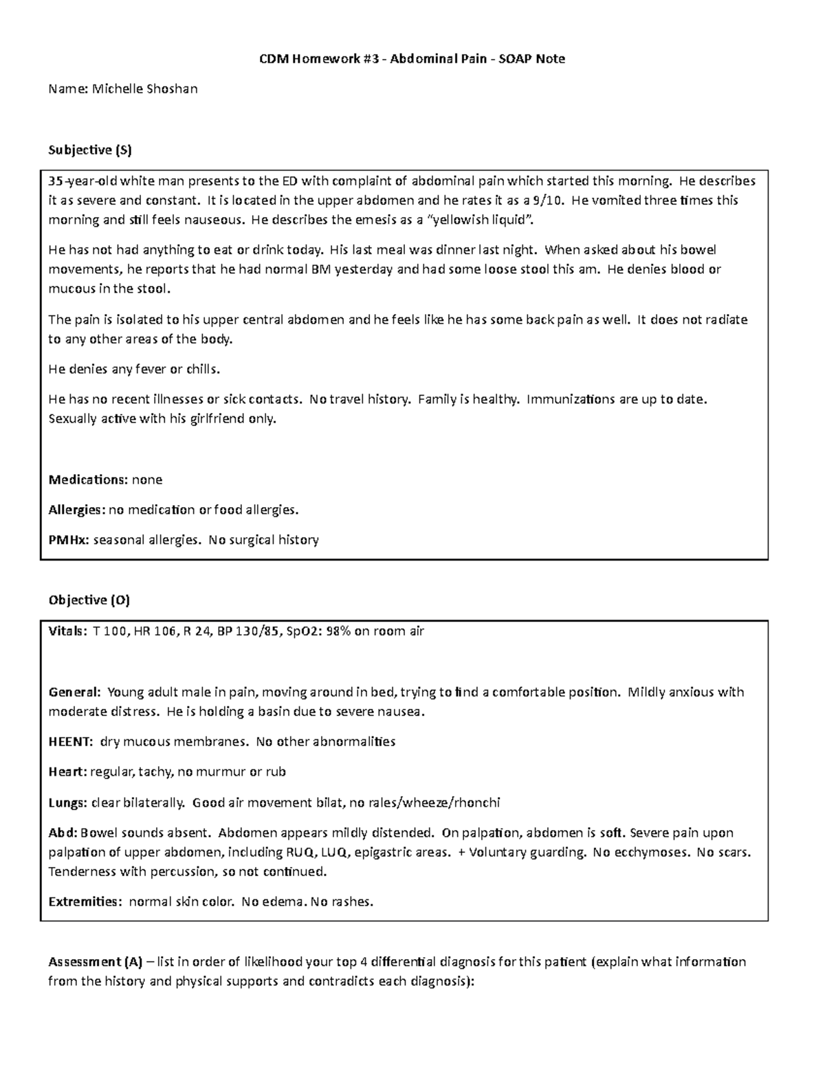 Clinical Decision Making HW - CDM Homework #3 - Abdominal Pain - SOAP ...