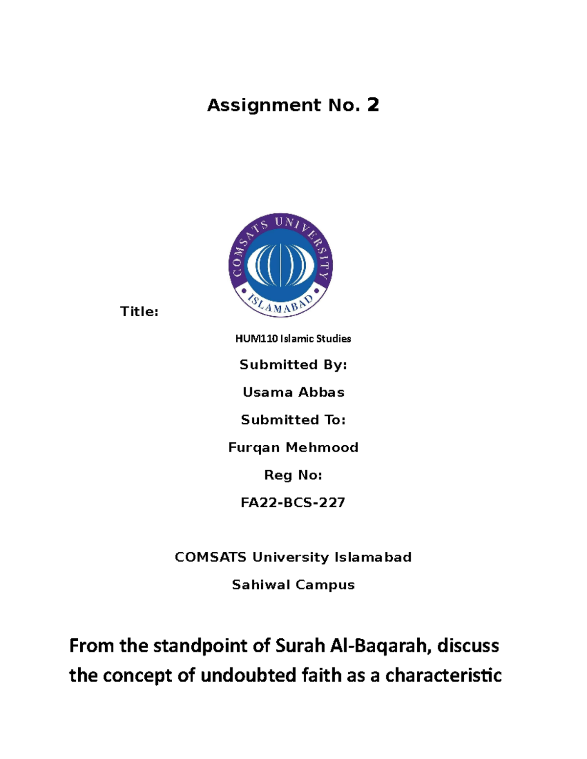 FA22-BCS-227 - Assignment of rws - Assignment No. 2 Title: HUM110 Islamic Studies Submitted By ...