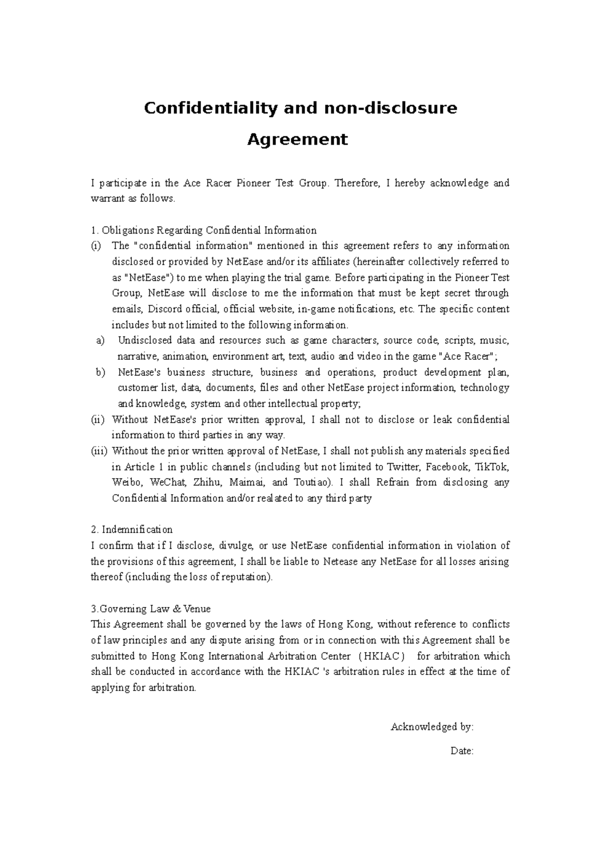 Ace Racer Pioneer Test Group NON- Disclosure Commitment Letter ...
