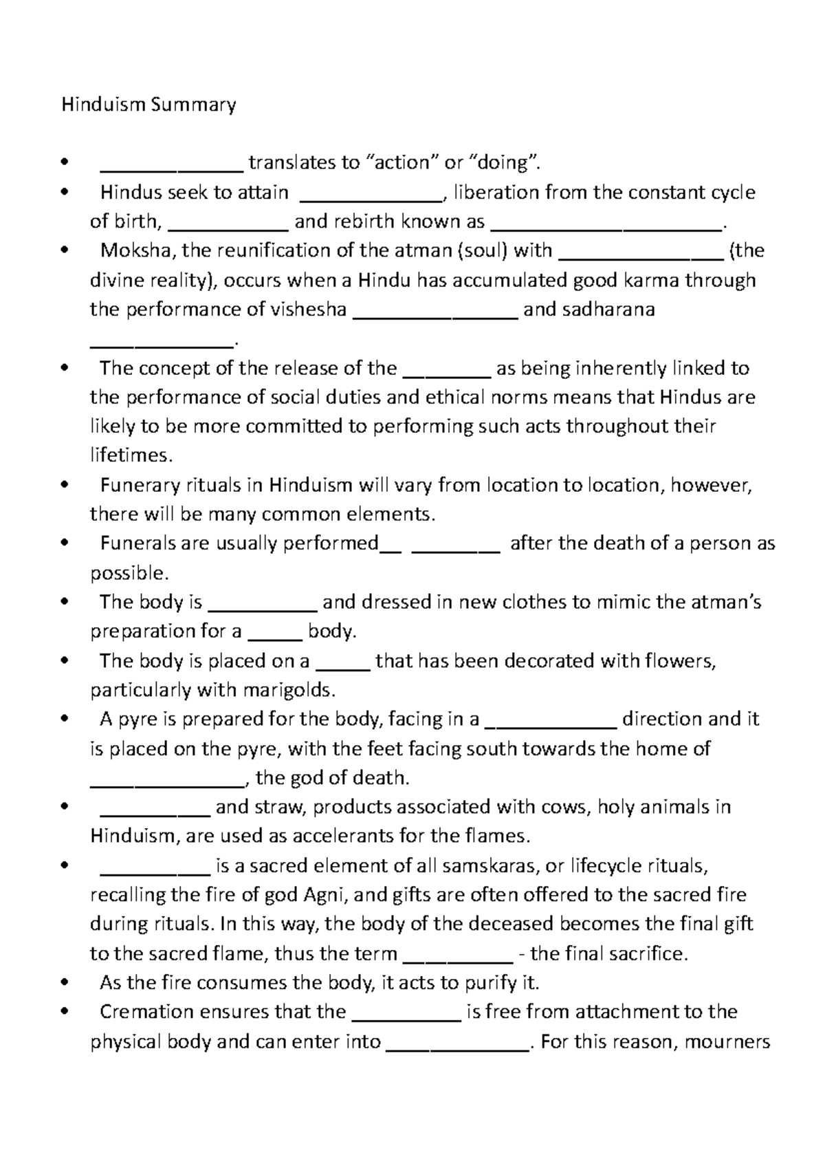 Hinduism Summary - Hinduism Summary _____________ translates to “action ...
