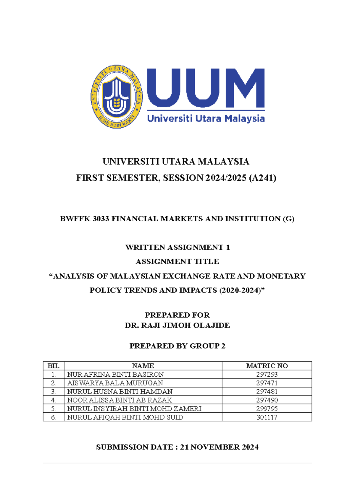 Bwffk 3033 FMI- Written Assignment Group 2 - UNIVERSITI UTARA MALAYSIA FIRST SEMESTER, SESSION ...