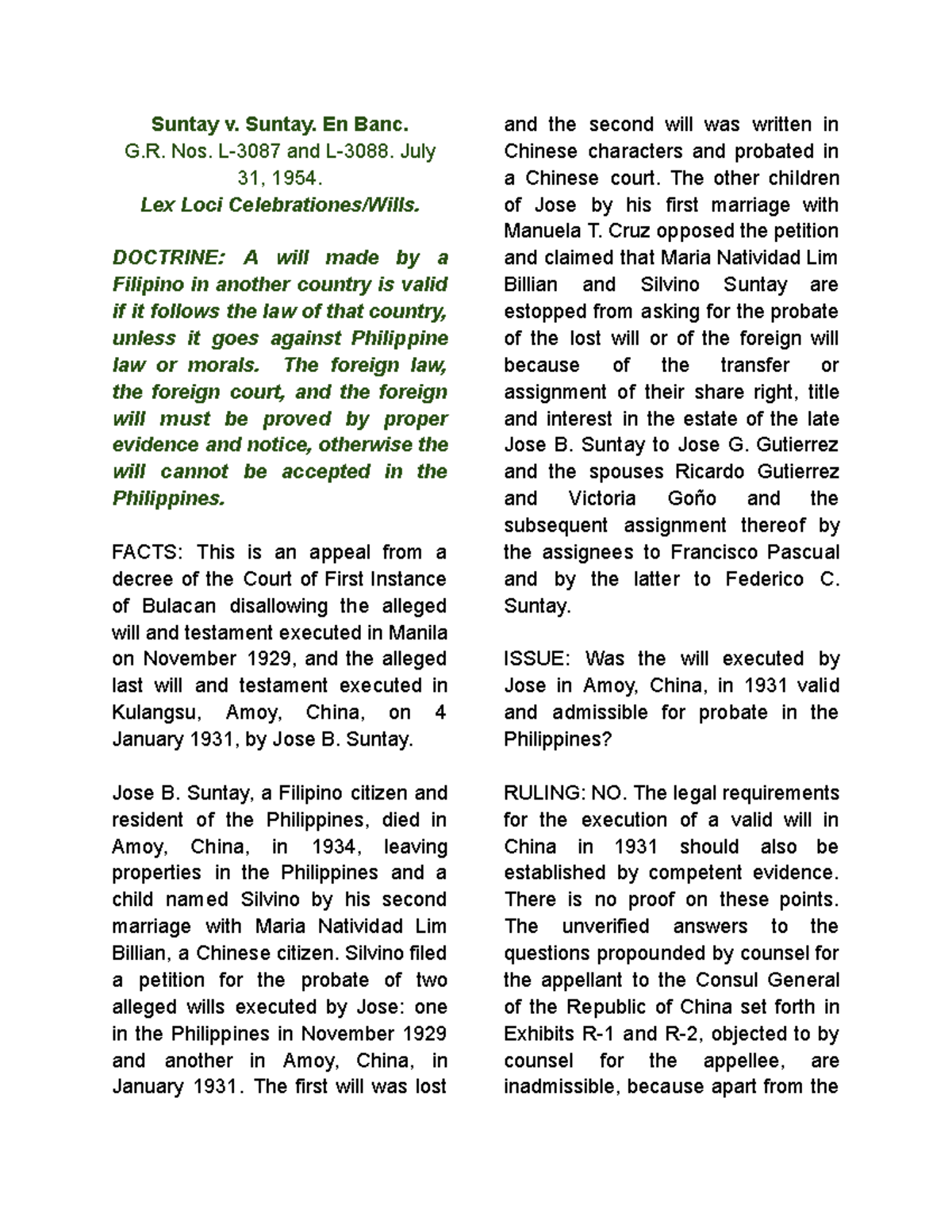 Suntay v. Suntay. En Banc, 1954 (Lex Loci Celebrationes Wills ...