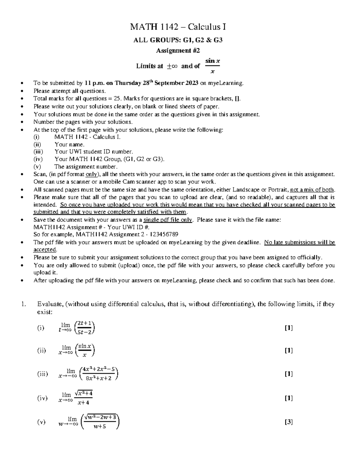 MATH 1142 - Assignment #2 - MATH 11 42 – Calculus I ALL GROUPS: G1, G2 ...