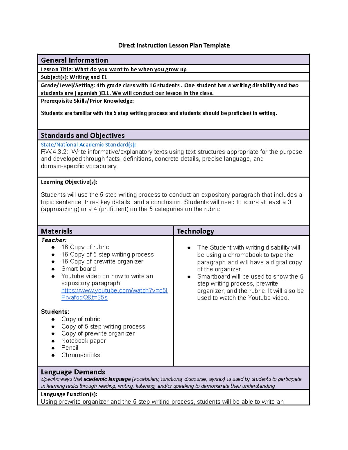 Task 2 La Lesson Plan C365 Wgu Lesson Plan Name