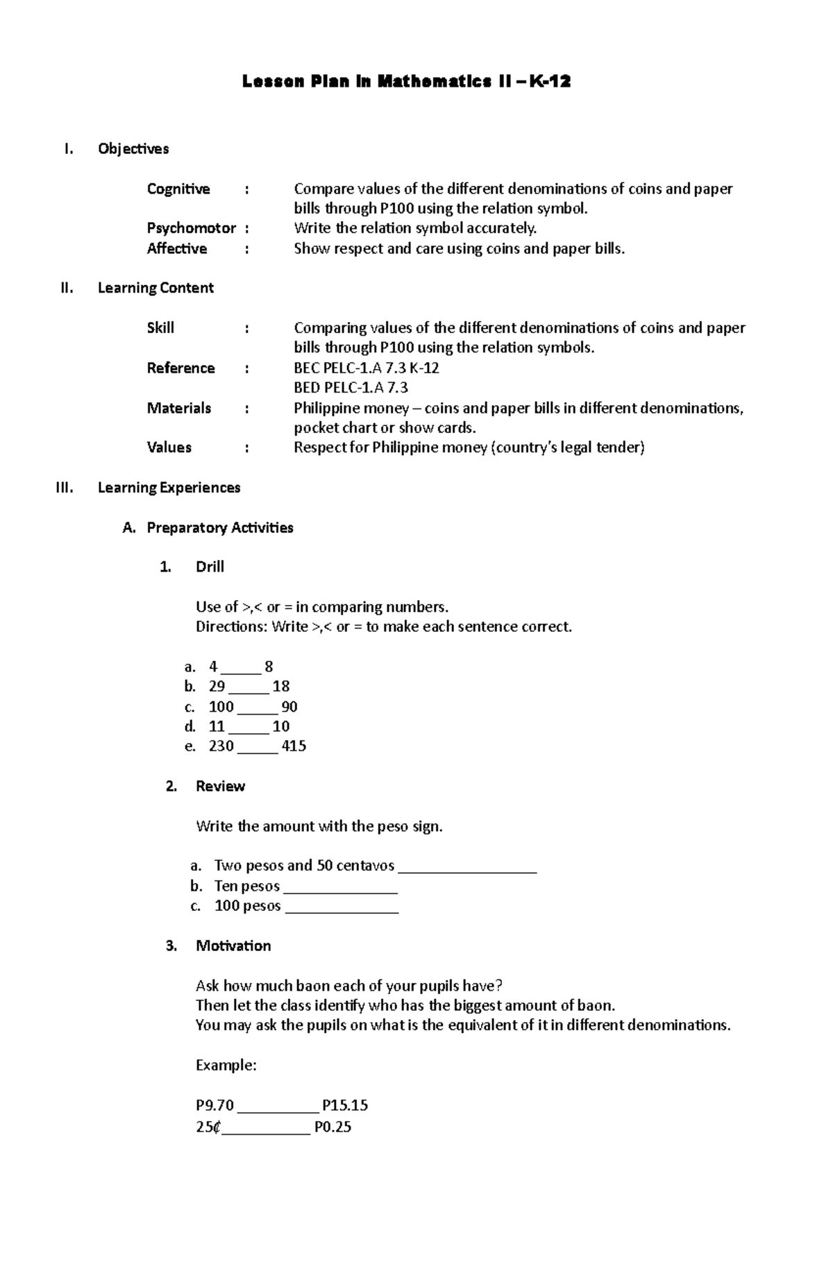 198925684 Lesson Plan in Mathematics II - Lesson Plan in Mathematics II ...
