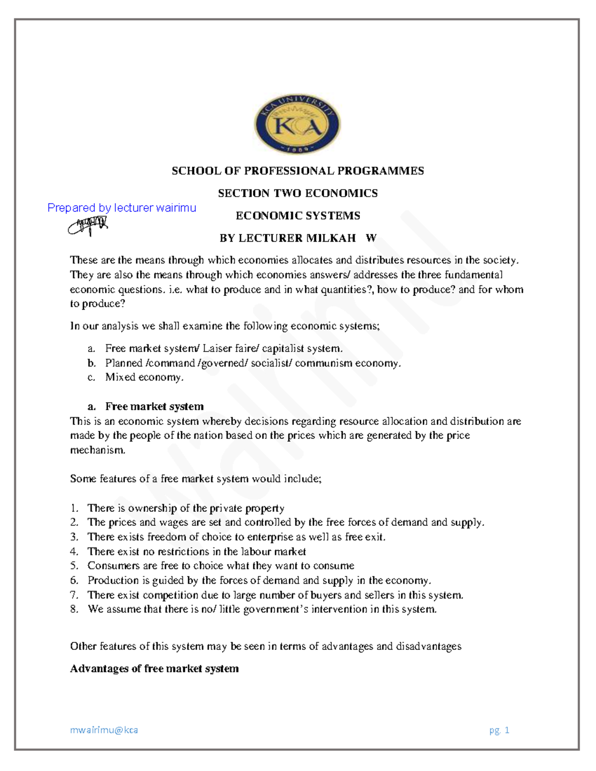 Economic Systems - SCHOOL OF PROFESSIONAL PROGRAMMES SECTION TWO ...