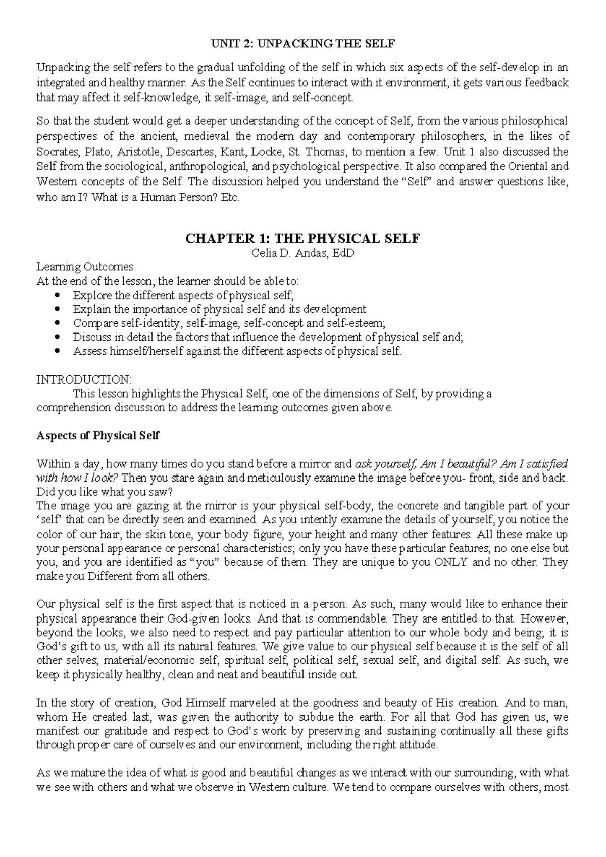 UNIT 2 Chap 1 - UNIT 2 - UNIT 2: UNPACKING THE SELF Unpacking the self ...