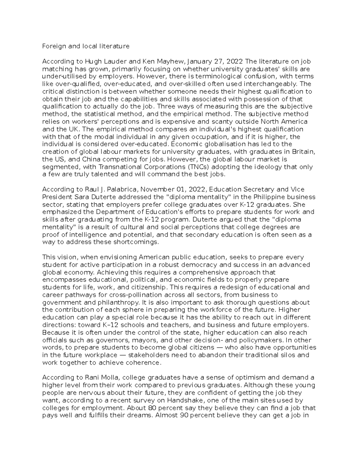 Document-18 - Notes - Foreign and local literature According to Hugh ...