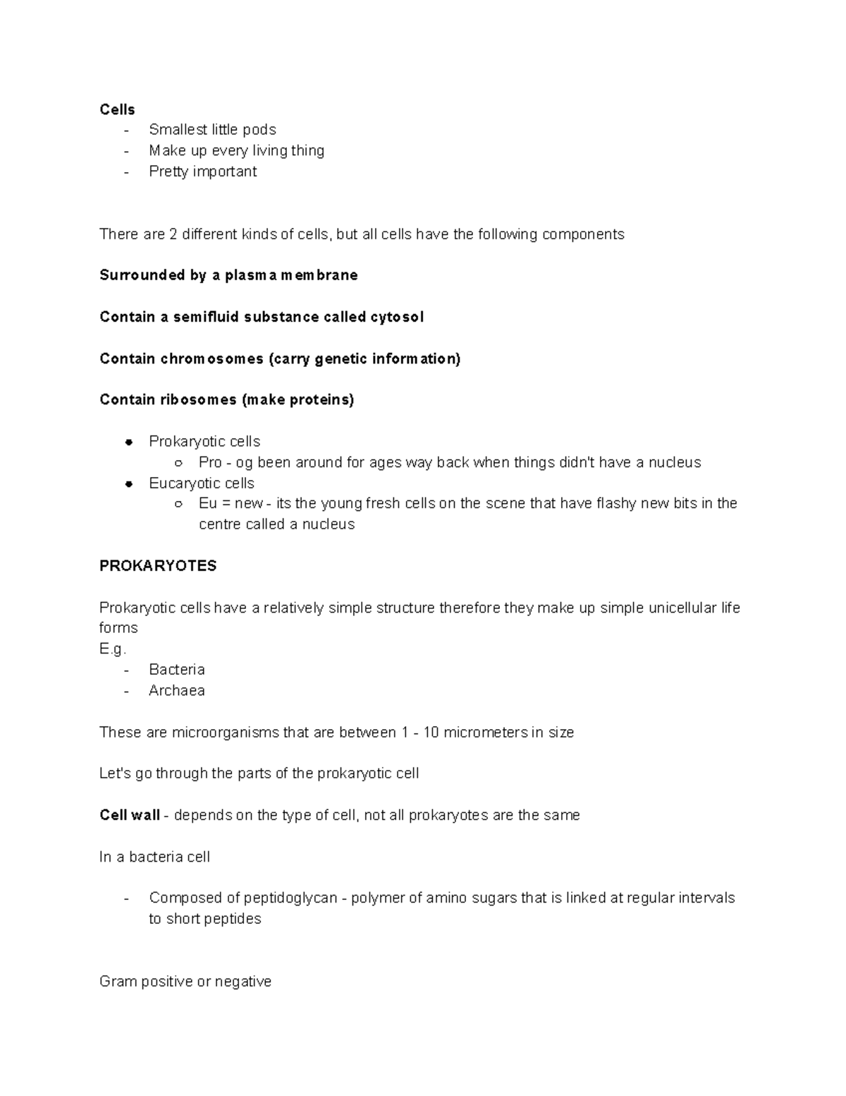 Intro to cells - Lecture notes 1 - Cells - Smallest little pods - Make ...
