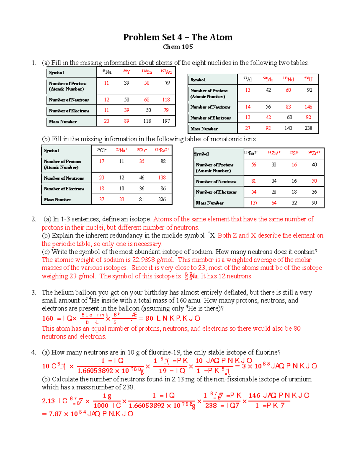 PS 4 - The Atom KEY - Problem Set 4 - Problem Set 4 – The Atom Chem 105 ...