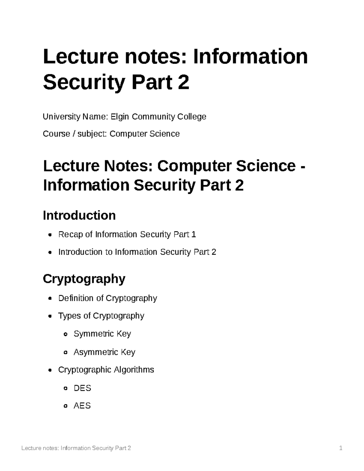 Lecture Notes Information Security Part 2 Lecture Notes Information Security Part 2