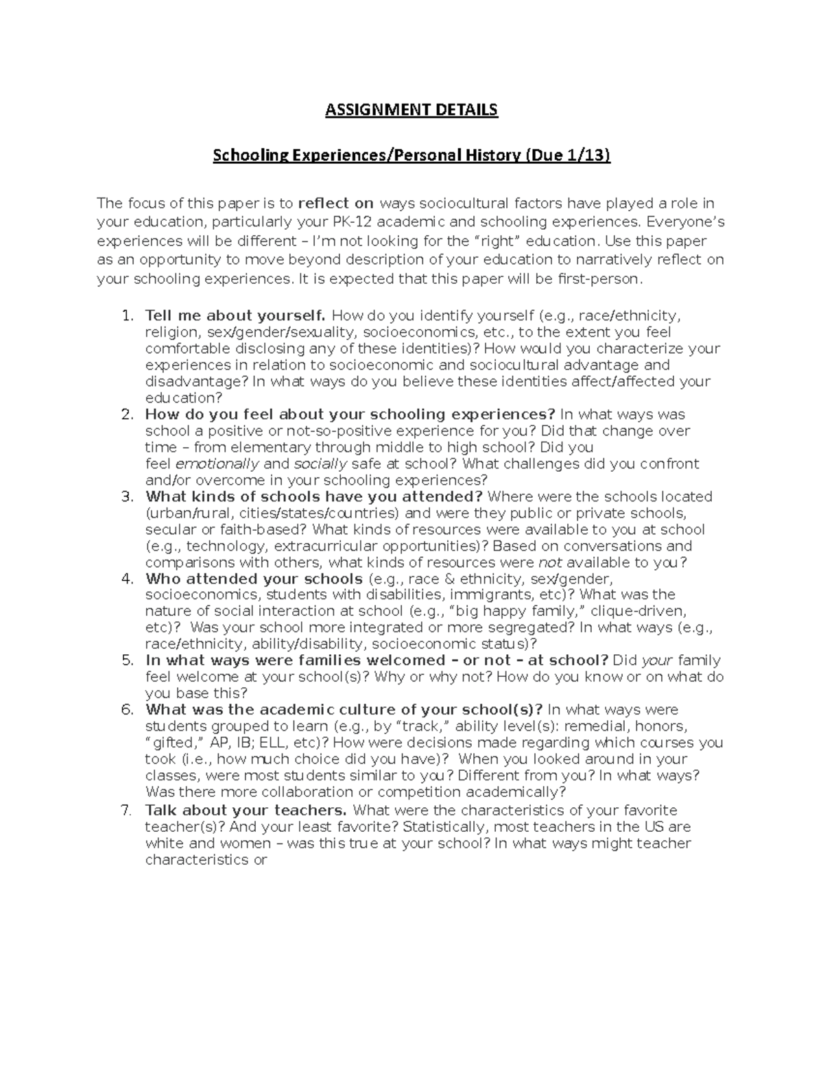 Assignment Details - ASSIGNMENT DETAILS Schooling Experiences/Personal ...