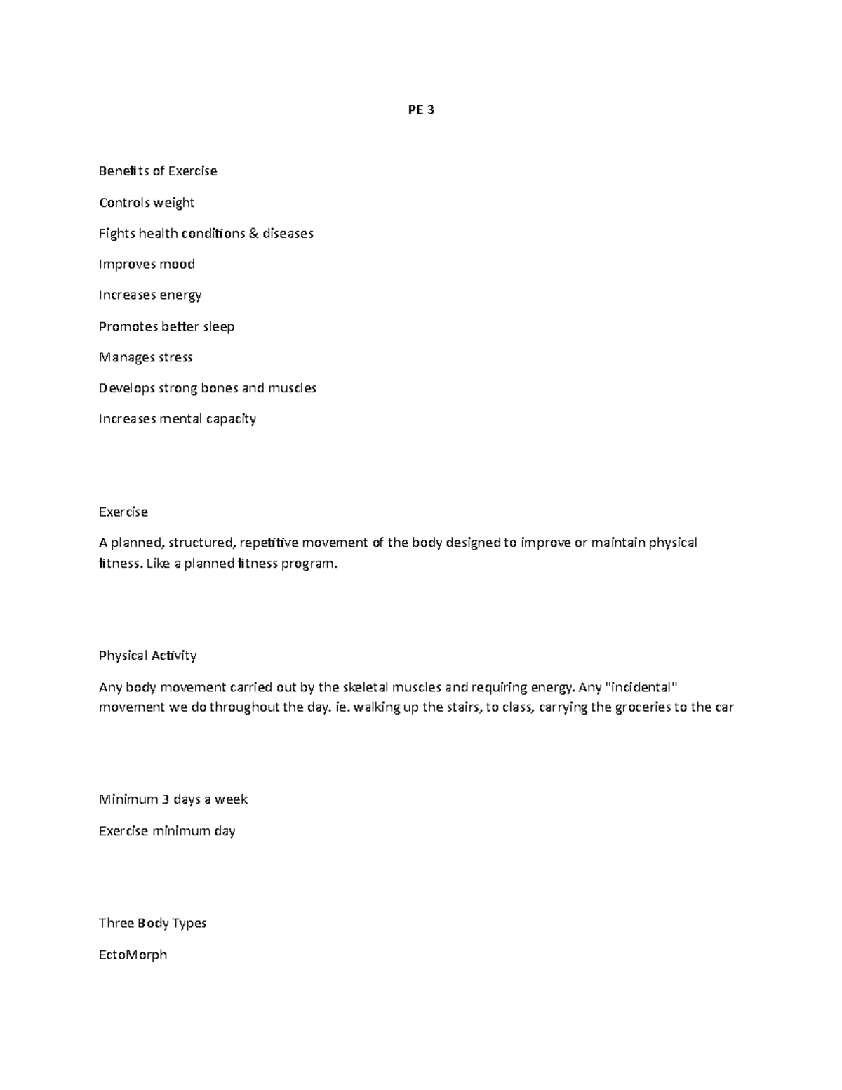 PE 3 - reviewer - PE 3 Benefits of Exercise Controls weight Fights ...