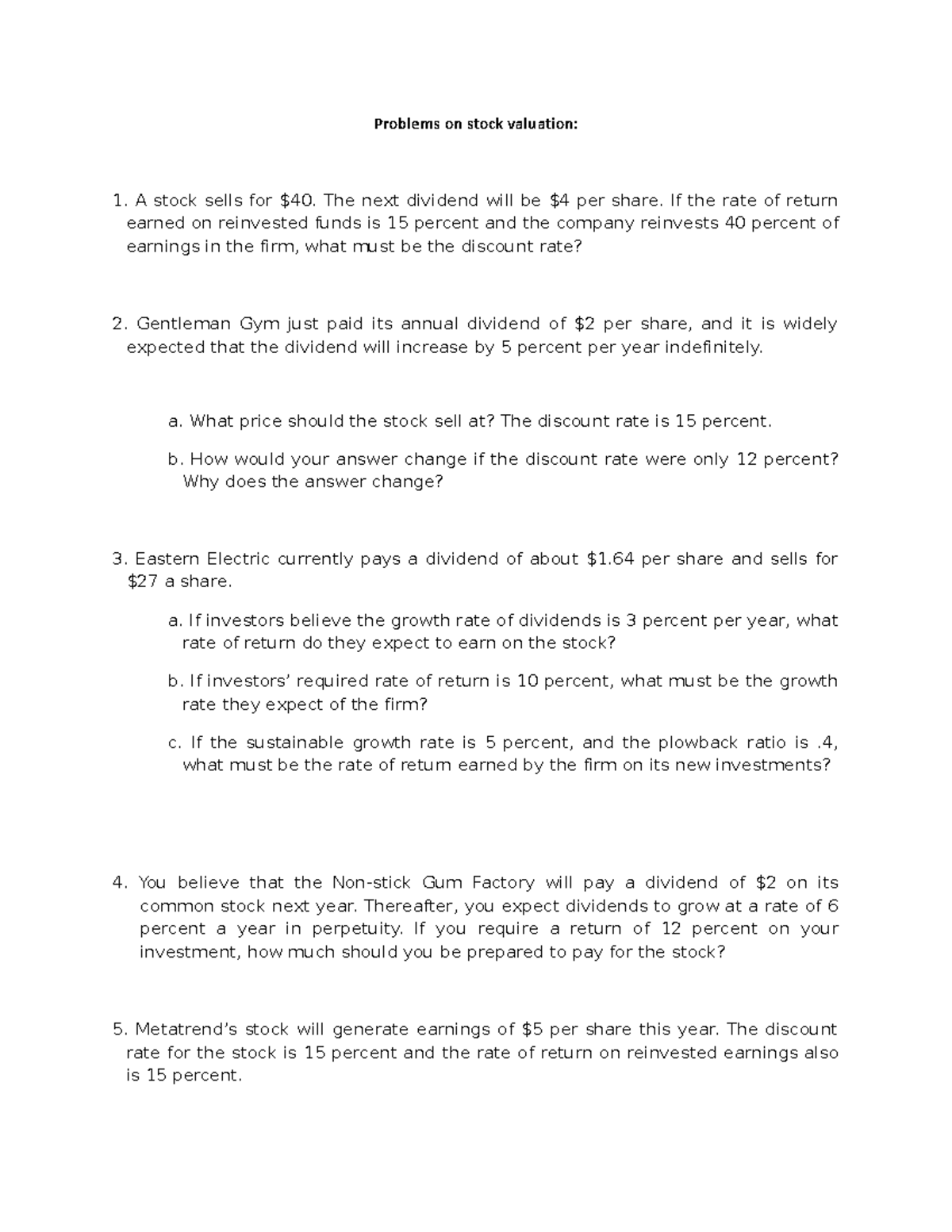 Sample Problems on Stock Valuation - Problems on stock valuation: A ...