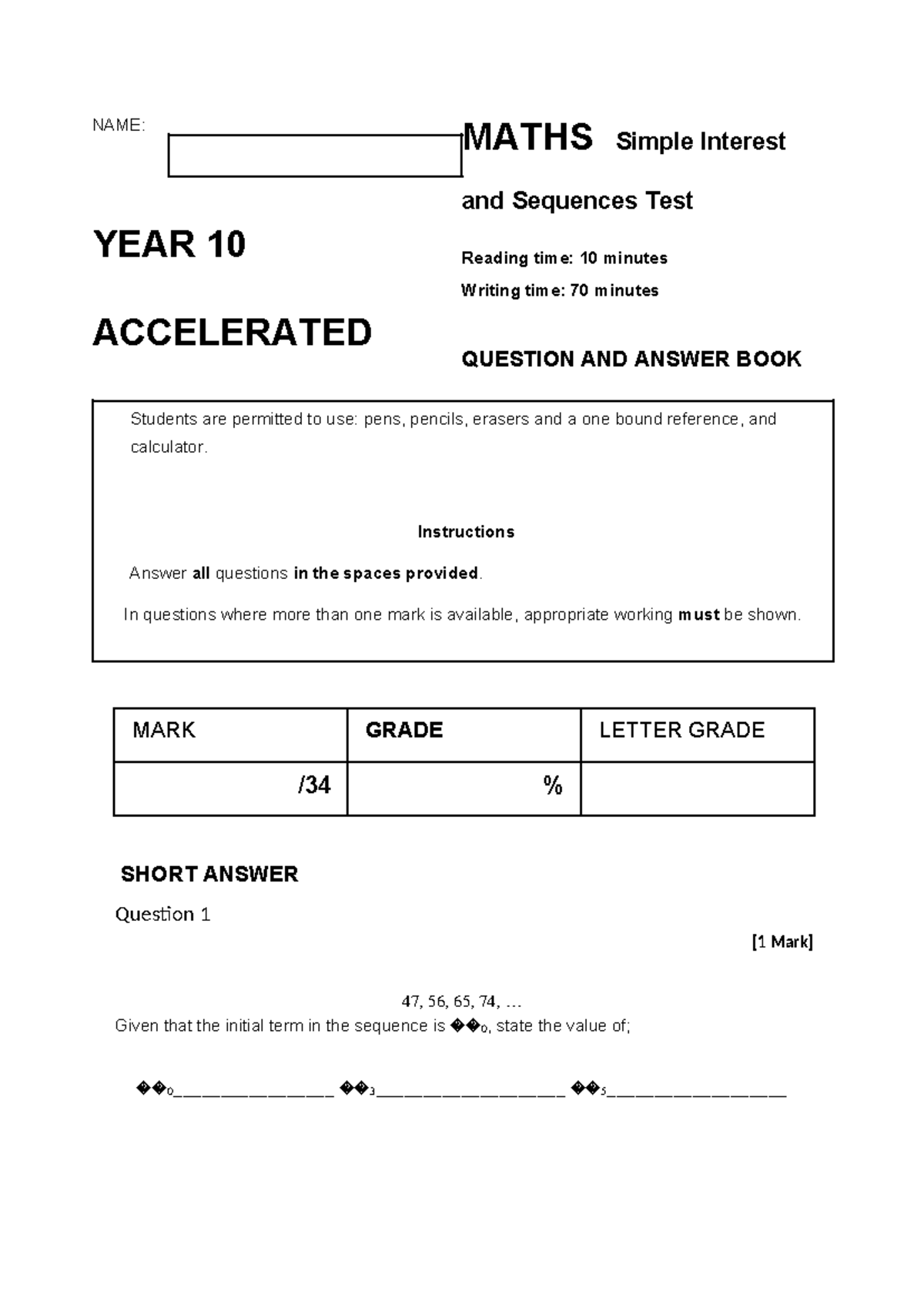 Simple Interest and Sequences Practice test 2 2023 - NAME: YEAR 10 ...