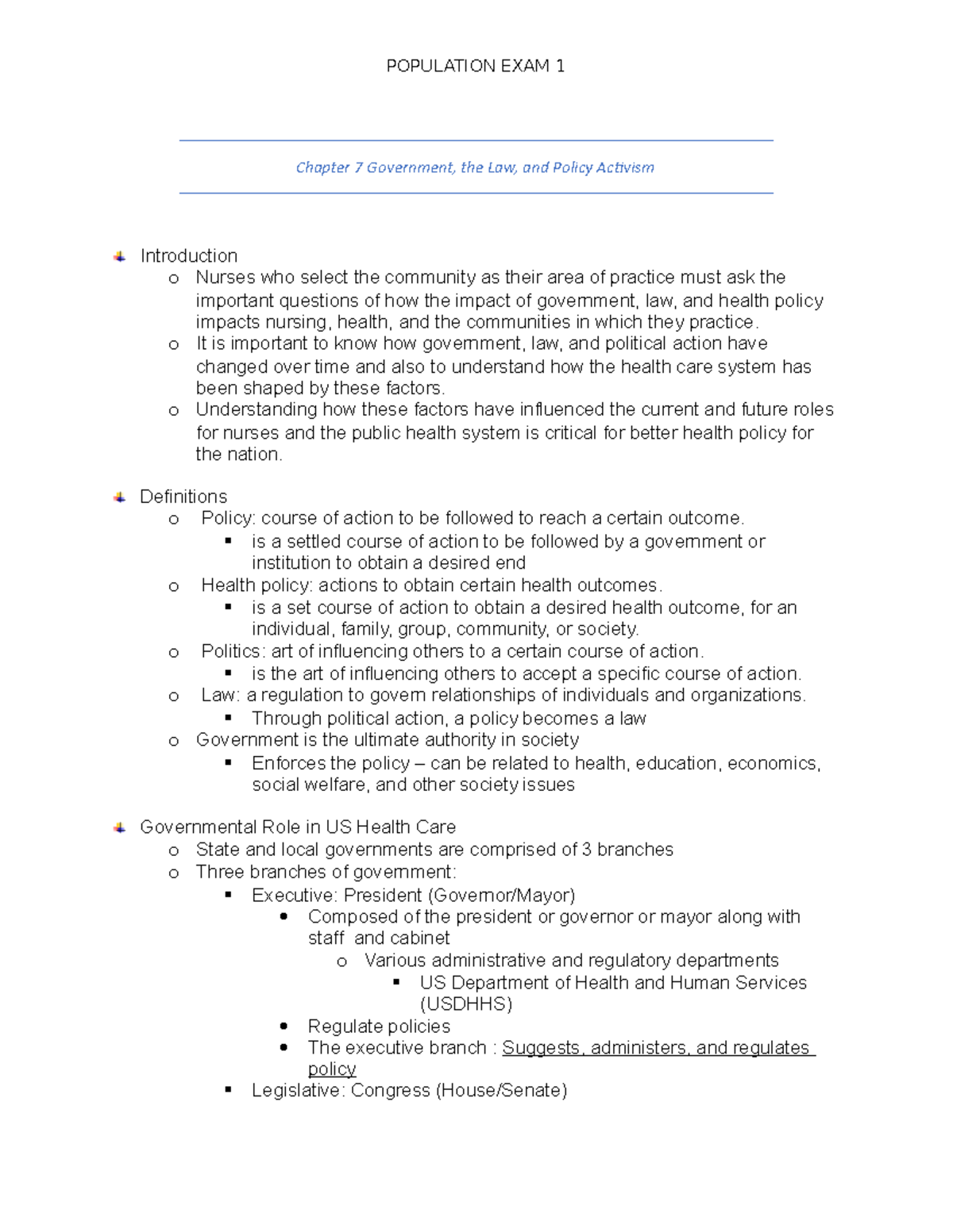 Chapter 7 Government - POPULATION EXAM 1 Chapter 7 Government, the Law ...