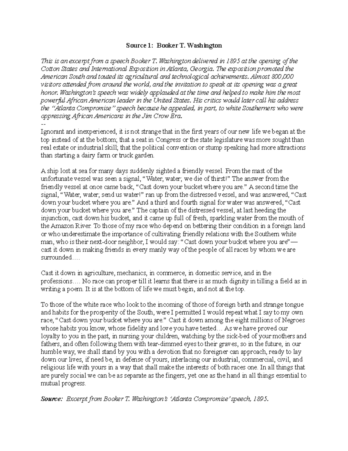 HIST 2010 4 Sources Black Leaders - Source 1: Booker T. Washington This ...